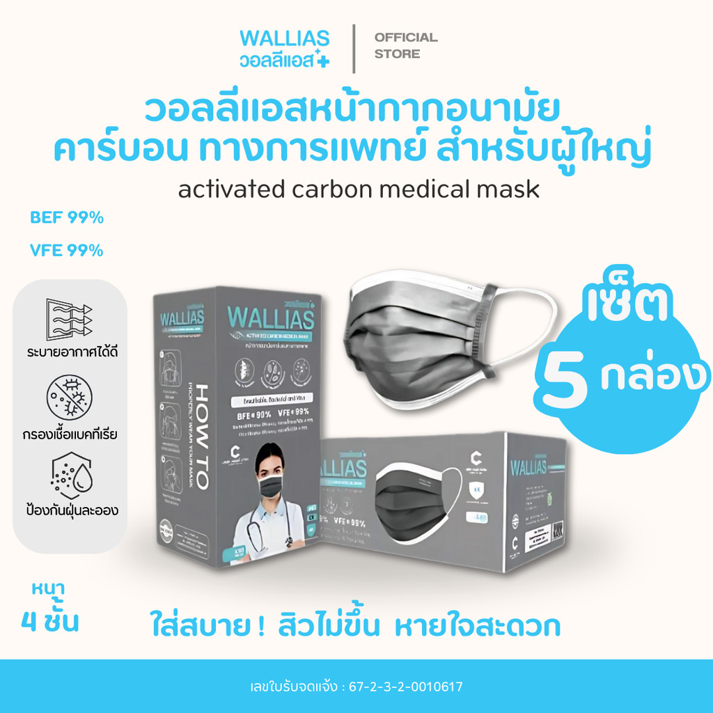 [แบบ เซ็ต 5,10 กล่อง] หน้ากากอนามัยคาร์บอน wallias Activated Carbon Medical Mask หนา 4 ชั้น ...