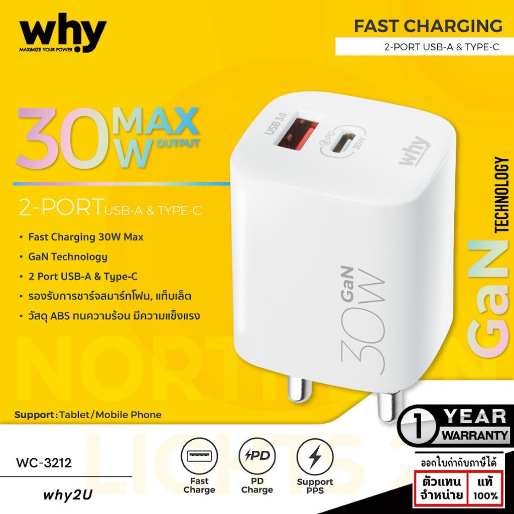 WHY NORTHERN LIGHTS 2 30W หัวชาร์จ มอก. 2 USB PD + 3A ชาร์จไว GAN WC ...