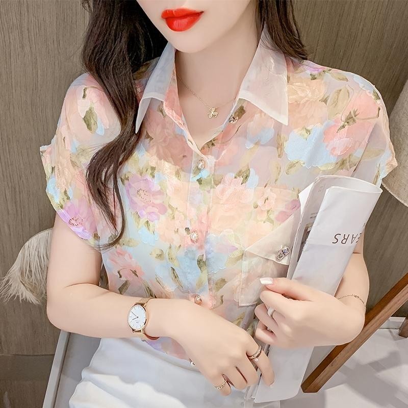 🌻Grace🌻 w328 เสื้อเชิ้ตแขนสั้น คอปก ผ้าชีฟอง พิมพ์ลายดอกไม้ แฟชั่นฤดู ...