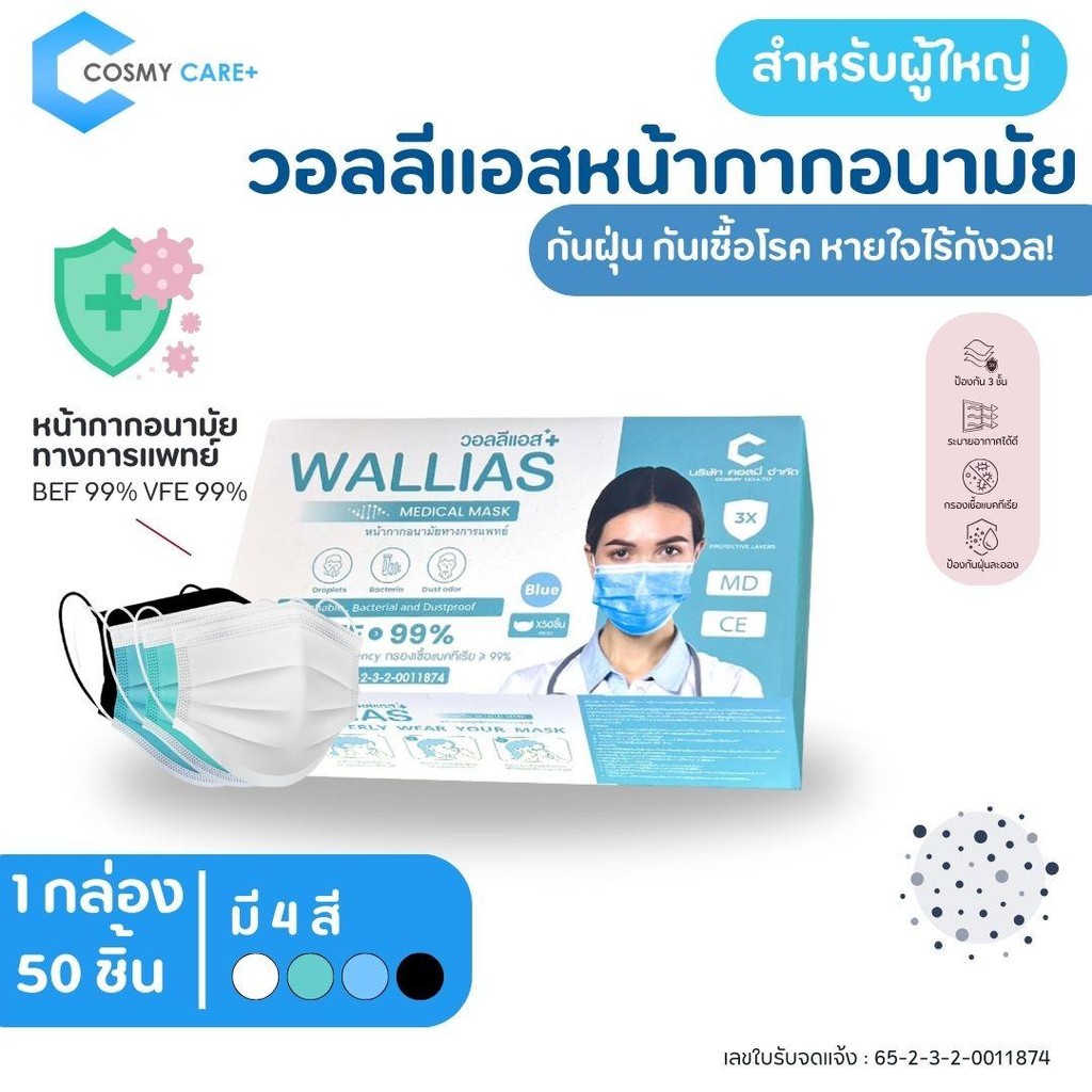 (10 กล่อง) WALLIAS หน้ากากอนามัยทางการเเพทย์ของแท้ หนา 3 เเบบกล่อง บรรจุ 50 ชิ้น | Shopee Thailand