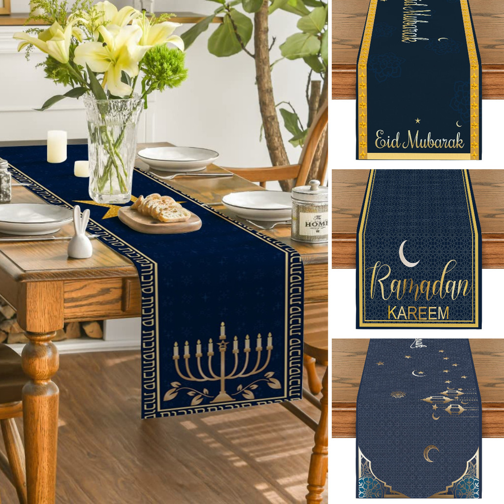 Hanukah ผ้าลินินตาราง Runner Party ตารางตกแต่ง Menorah Star of David ...