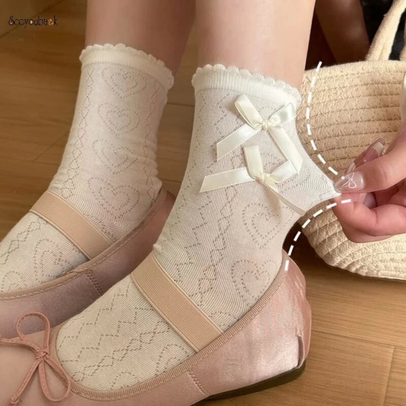 ผู้หญิงญี่ปุ่น JK โบว์ริบบิ้น Frilly Ruffled กลางถุงเท้าหลอดหวาน Lolita ...