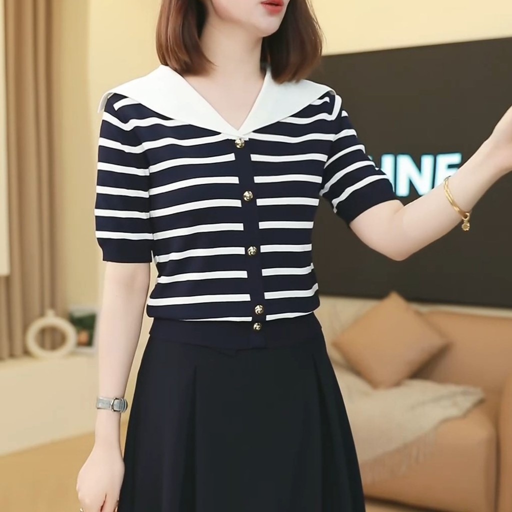 แฟชั่น Balamy เสื้อถักบางลายทางสำหรับผู้หญิง ฤดูร้อน ใหม่ สง่างาม คอปกสีกรมท่า สไตล์สลิมฟิต ...