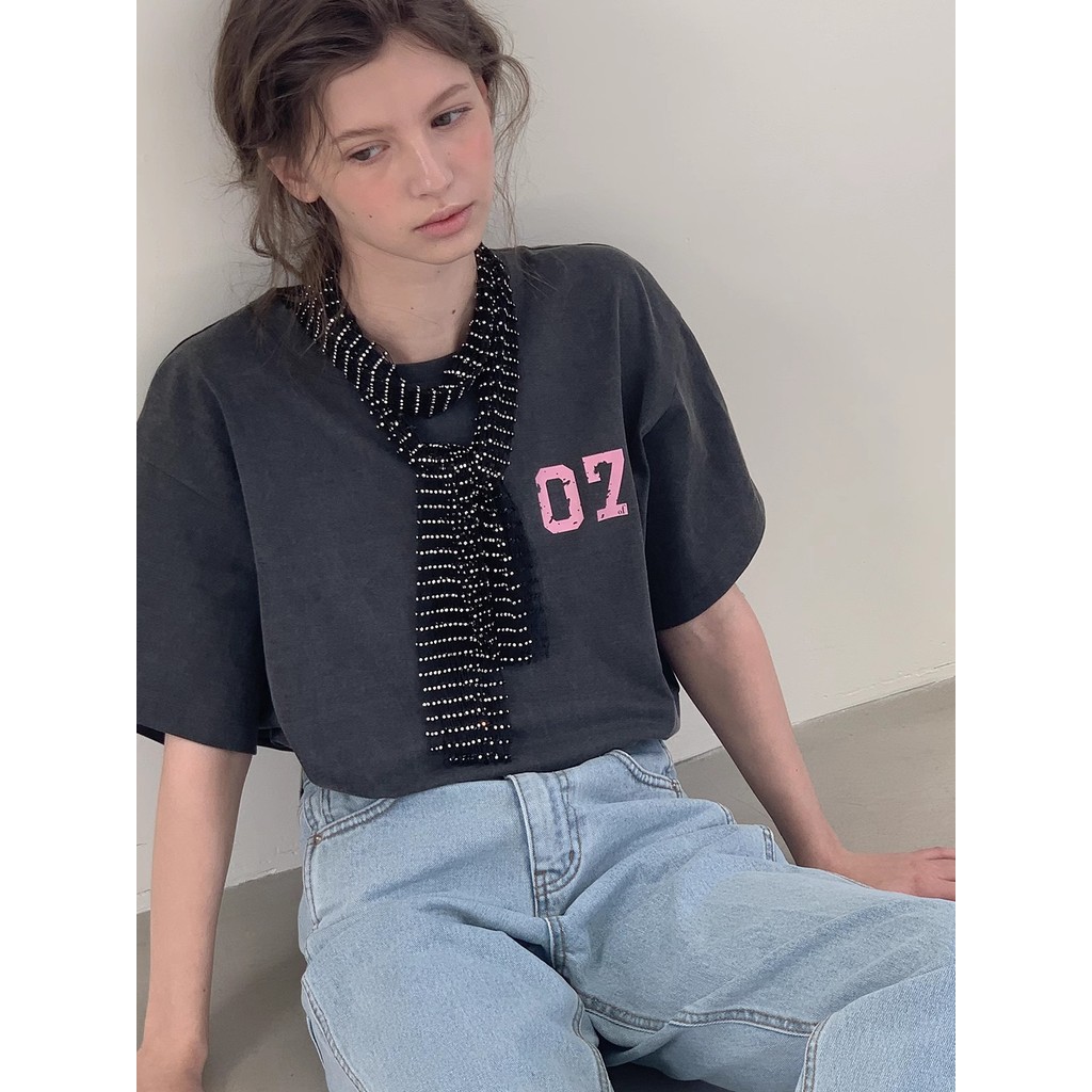 [SR-STUDIO]ชุดแขนสั้นพิมพ์ตัวอักษรย้อนยุคเกาหลี 2025 ฤดูใบไม้ผลิ VFMD ...