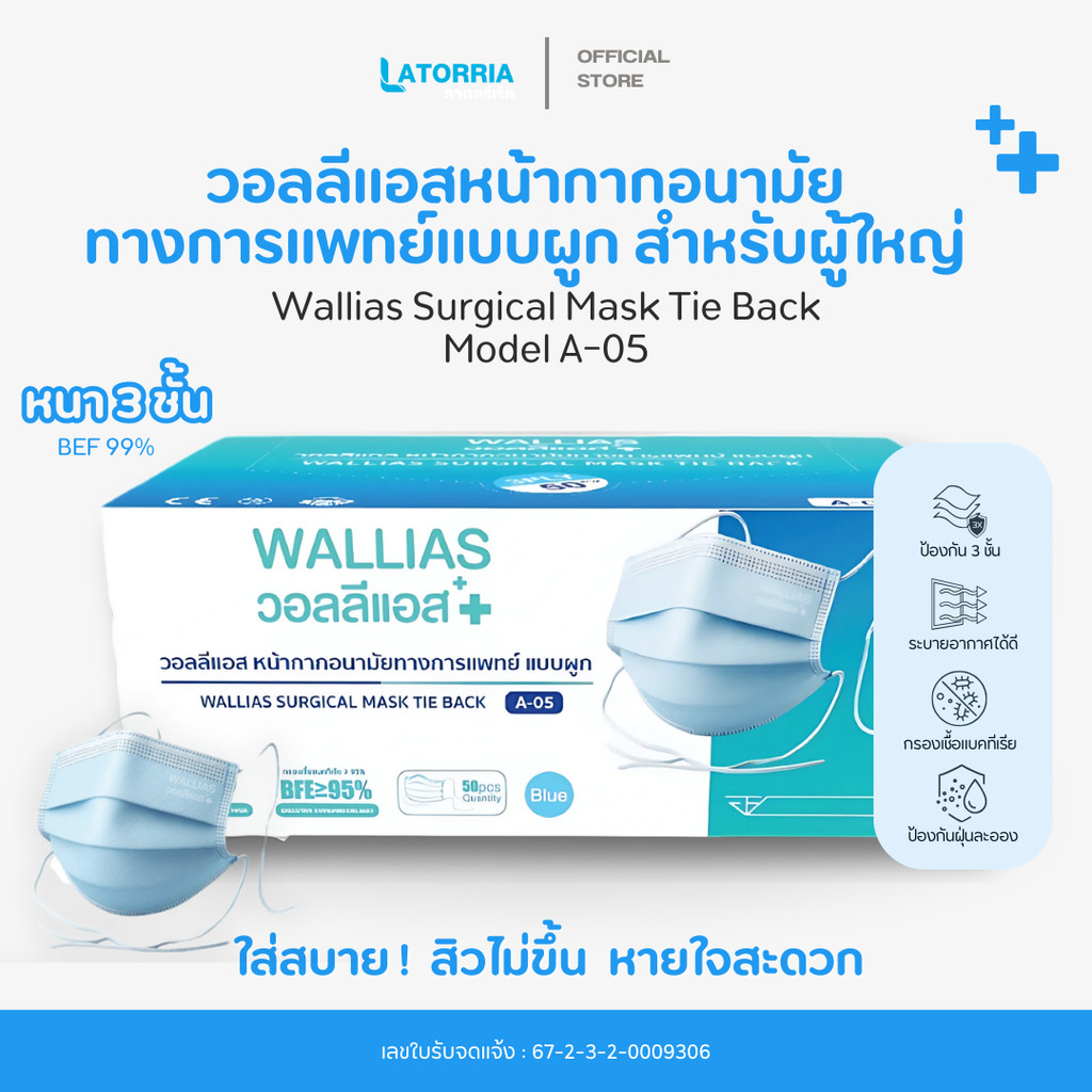 Wallias หน้ากากอนามัย แบบผูก หนา 3 ชั้น สำหรับผู้ใหญ่ แบบผูก ไม่เจ็บหู! ป้องกันฝุ่น เเมสก์ ...