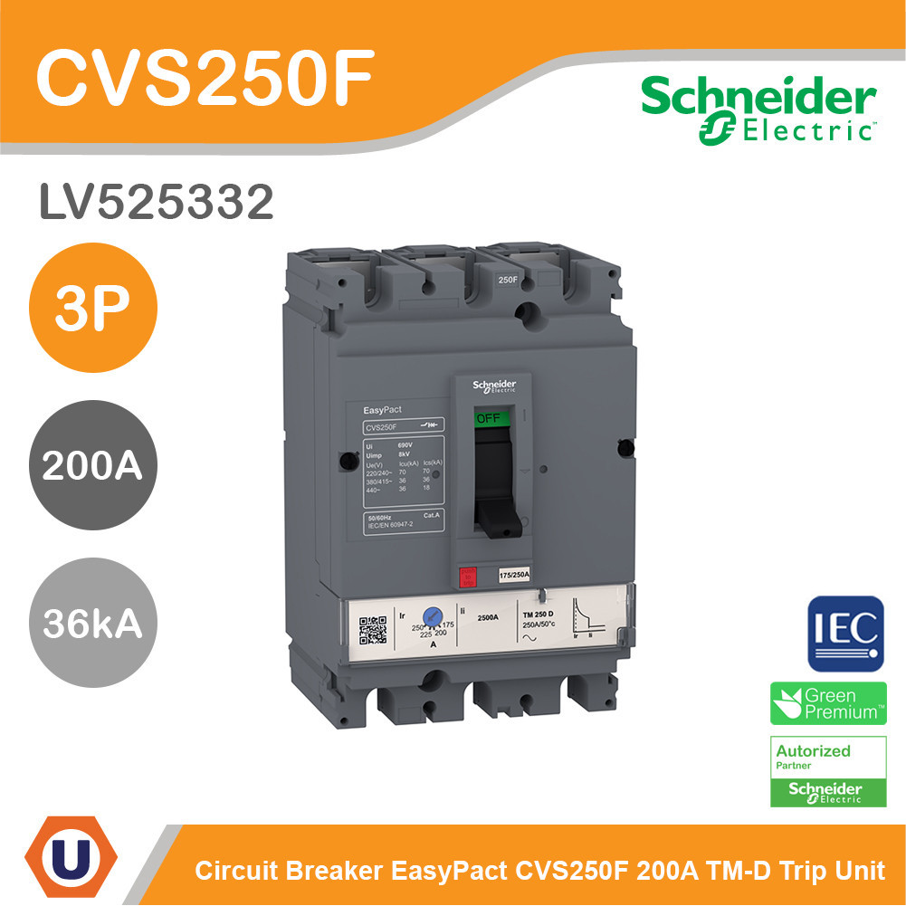 Schneider Electric Circuit breaker CVS250F, 36 kA at 415 VAC, 200 A TM-D trip unit, 3P3d ...