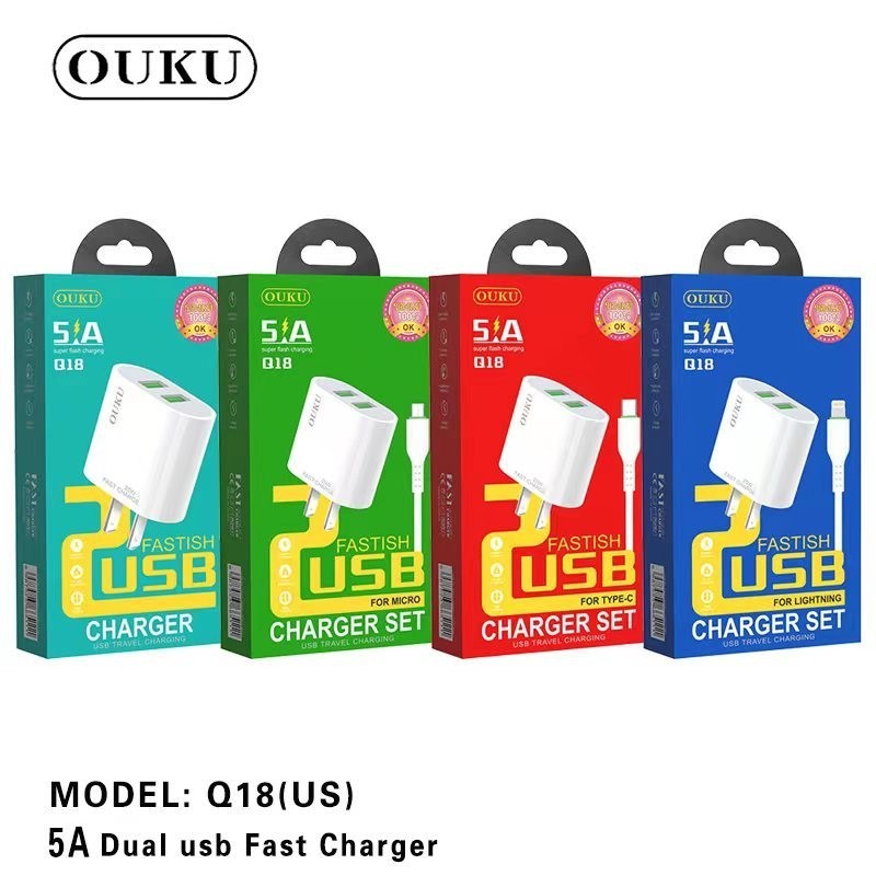 OUKU Q18 หัวชาร์จและหัวชาร์จพร้อมสายชาร์จ 2USB สำหรับ Micro/For L/Type-C ชาร์จเร็ว ปลั๊กชาร์จไฟ ...