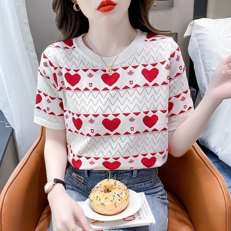 Douya STORE Hollow ถักเสื้อ Plus ขนาดผู้หญิงฤดูร้อน Love ปักเสื้อยืดแขน ...