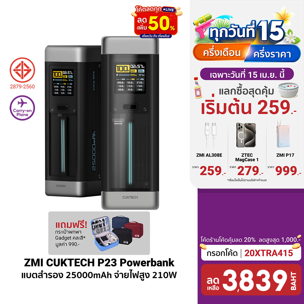 [3839บ.โค้ด20XTRA415] ZMI CUKTECH P23 Powerbank แบตสำรอง 25000mAh จ่ายไฟพอร์ตเดียวแรงสุด140W ...