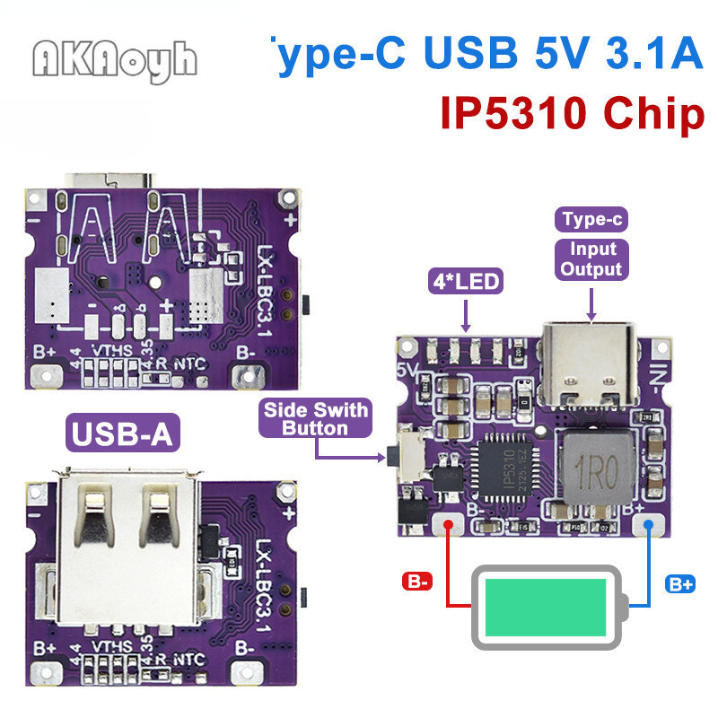 โมดูลพาวเวอร์แบงค์ Type-C USB 5V 3.1A IP5310 พร้อมสวิตช์ไฟ LED Type-C USB 5V 3.1A Boost ...