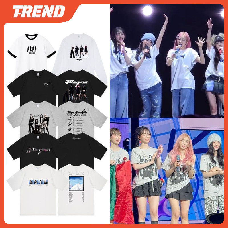 Kpop AESPA Merch ผ้าฝ้ายเสื้อยืด SYNK PARALLEL LINE WORLD TOUR พิมพ์แขน ...
