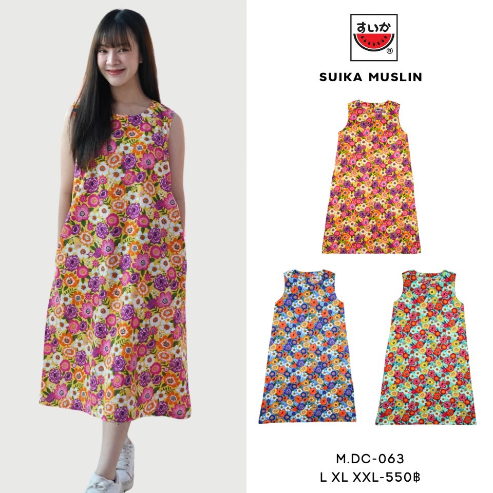 เสื้อแตงโม (SUIKA) - เดรสแขนกุด ผ้าป่านมัสลิน ลายดอกไม้ (M.DC-063) | Shopee Thailand