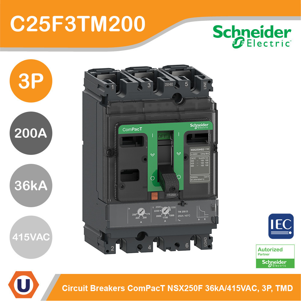 Schneider Circuit Breaker, ComPact NSX250F, 36kA/415VAC, 3 poles, TMD trip unit 200A ...