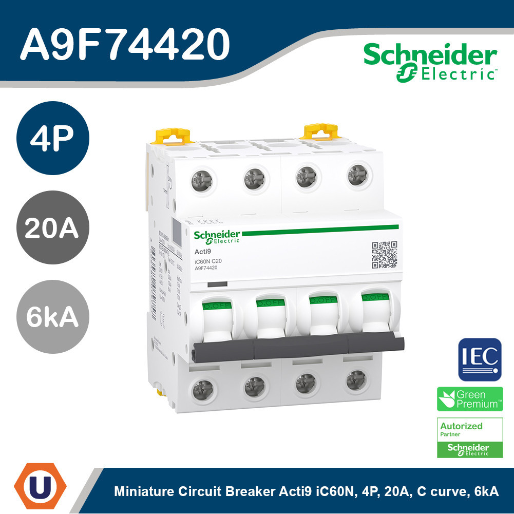 Schneider Electric Miniature circuit breaker (MCB), Acti9 iC60H 4P, 20A, C curve, 6000A, 10kA ...
