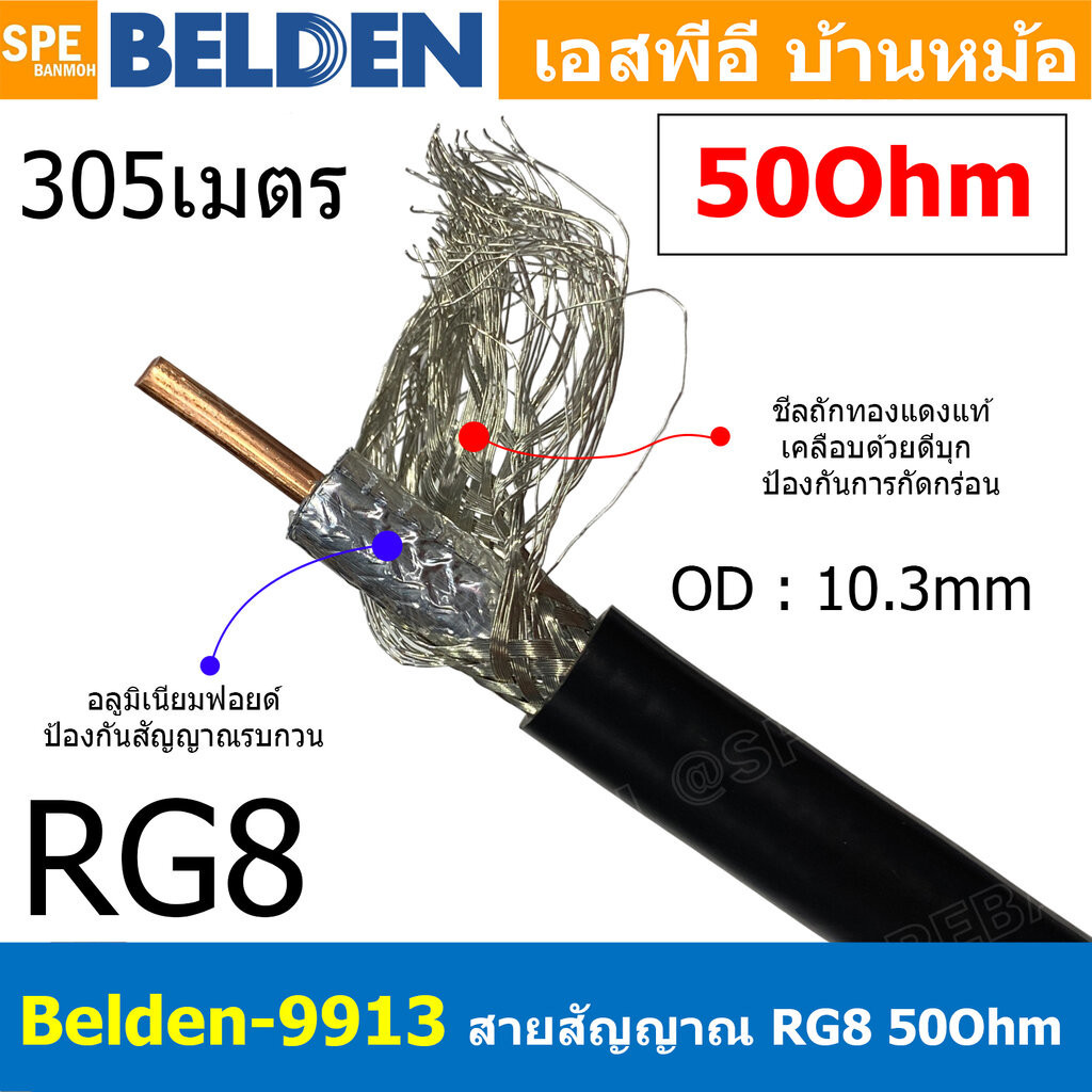 [ 305เมตร ] Belden-9913 สาย Coaxial RG8 A/U 50 Ohm 10AWG สายโคแอกเชียล สายสัญญาณวิทยุสื่อสาร ...
