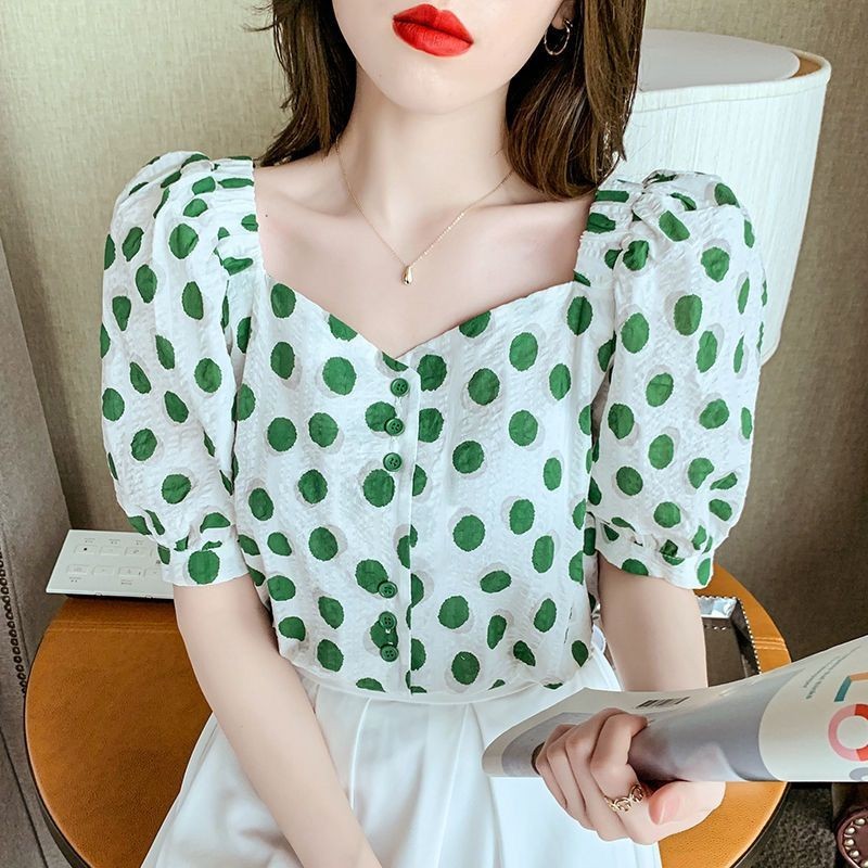 Douya STORE เสื้อชีฟองลายจุดขนาดบวกแฟชั่นฤดูร้อนของผู้หญิงพิมพ์คอวีพัฟ ...