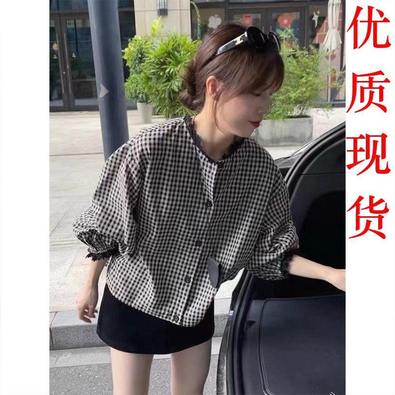 2025 เสื้อเชิ้ตหลวมลายตารางสีบล็อกสไตล์เกาหลีตัดขอบลูกไม้ แฟชั่น ...