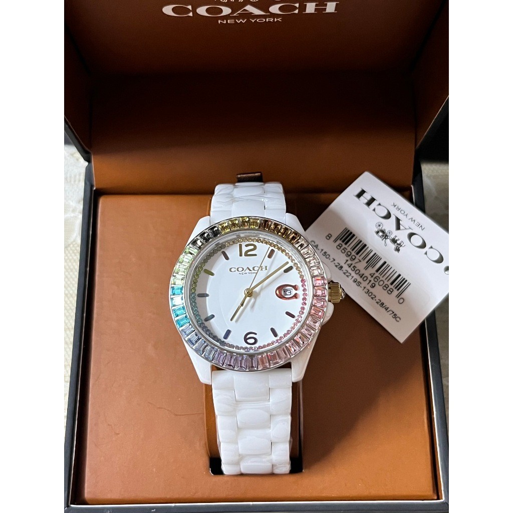 COACH Greyson Rainbow Crystal Accents and White Ceramic Bracelet Watch ...