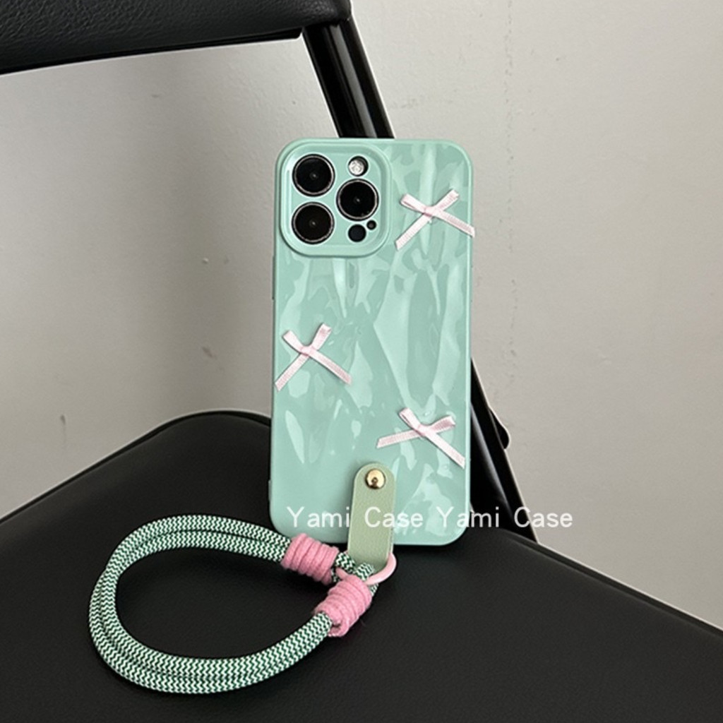 Mint Green Bright จีบ + สายรัดข้อมือเคสโทรศัพท์สําหรับ iPhone15 14 13 12 11 Pro MAX IXS MAX XR ...