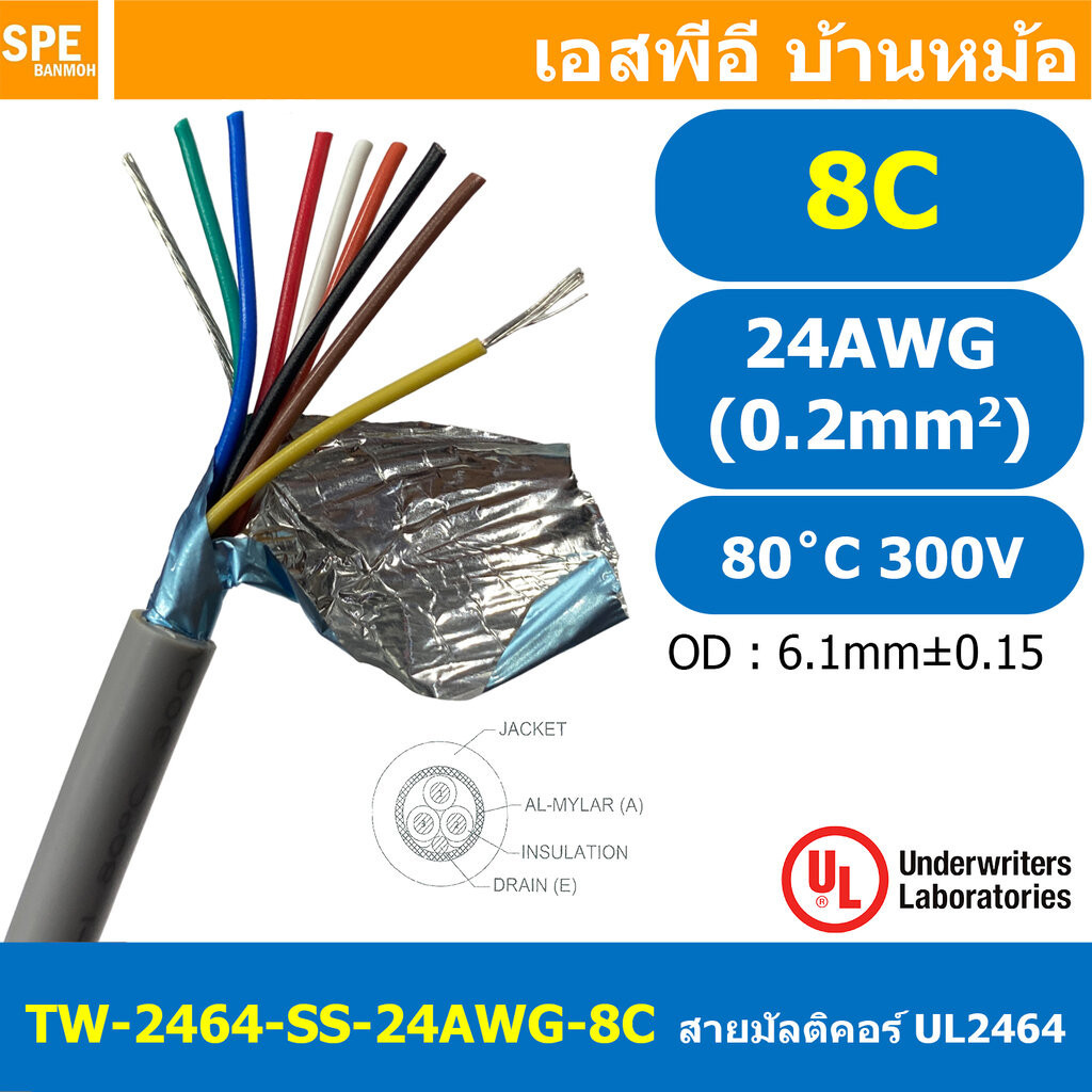 [ 2เมตร ] TW-2464SS-24AWG-08C สายมัลติคอร์ 8 คอร์ ขนาด 24AWG 8C x 24AWG UL2464 300V 80°C AWG24 ...