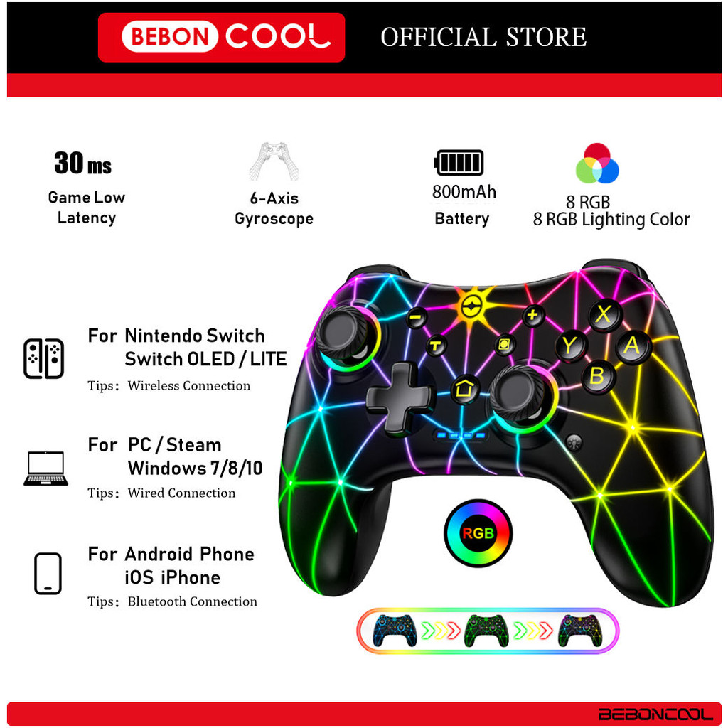 Beboncool RGB Light Wireless Controller สําหรับ Nintendo Switch/OLED/Lite/Android/IOS ตั้ง ...