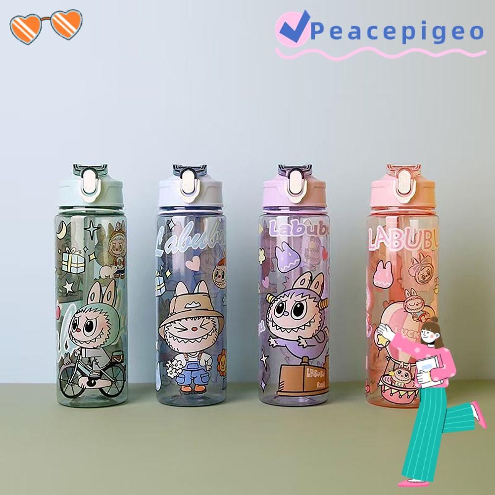 ขวด PEACEPIGEO Labubu พร้อมสายรัดสลัก ขวดน้ํา 800 มล., ถ้วยน้ําดื่มพลาสติกพิมพ์ลาย Labubu แบบ ...