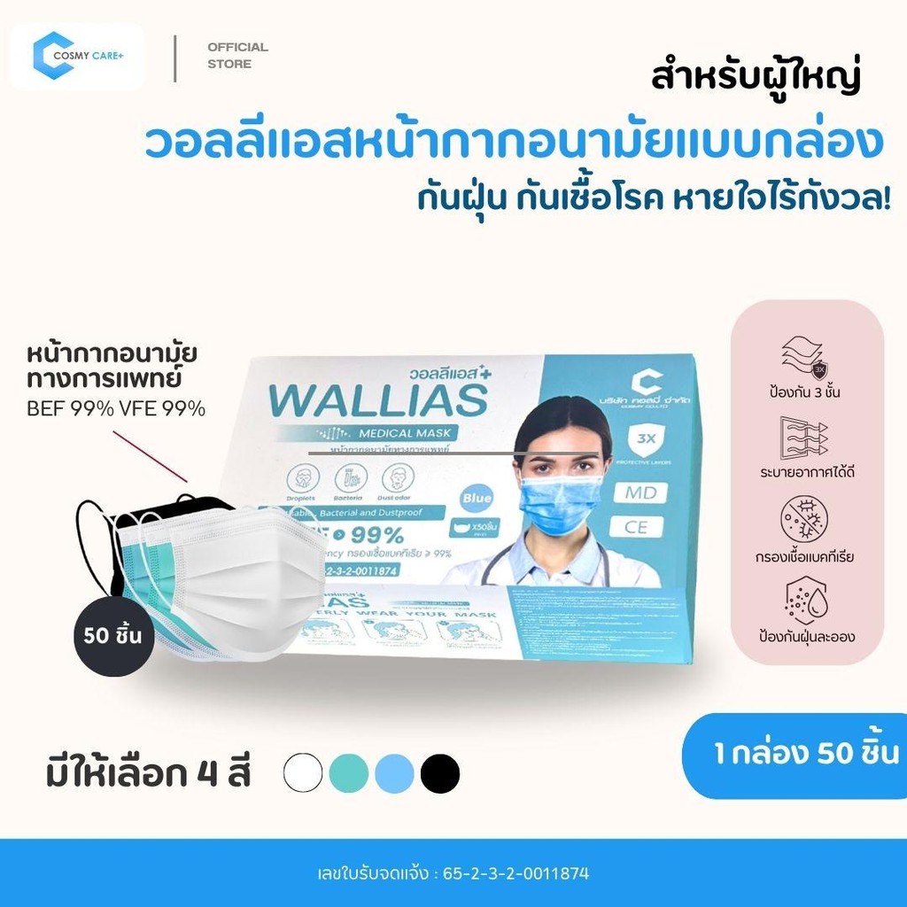 (5 กล่อง) หน้ากากอนามัยทางการเเพทย์ของแท้ ยี่ห้อWALLIAS หนา 3 ชั้นป้องกันได้ถึง 99%บรรจุ 50ชิ้น ...