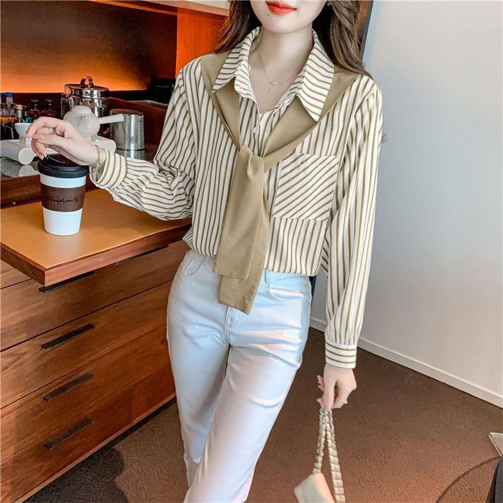 👚Anna👚W334 ️ เสื้อเชิ้ตผู้หญิงมีกระดุมไตล์เกาหลีลายทาง งานจริงสวยตรงปก ...