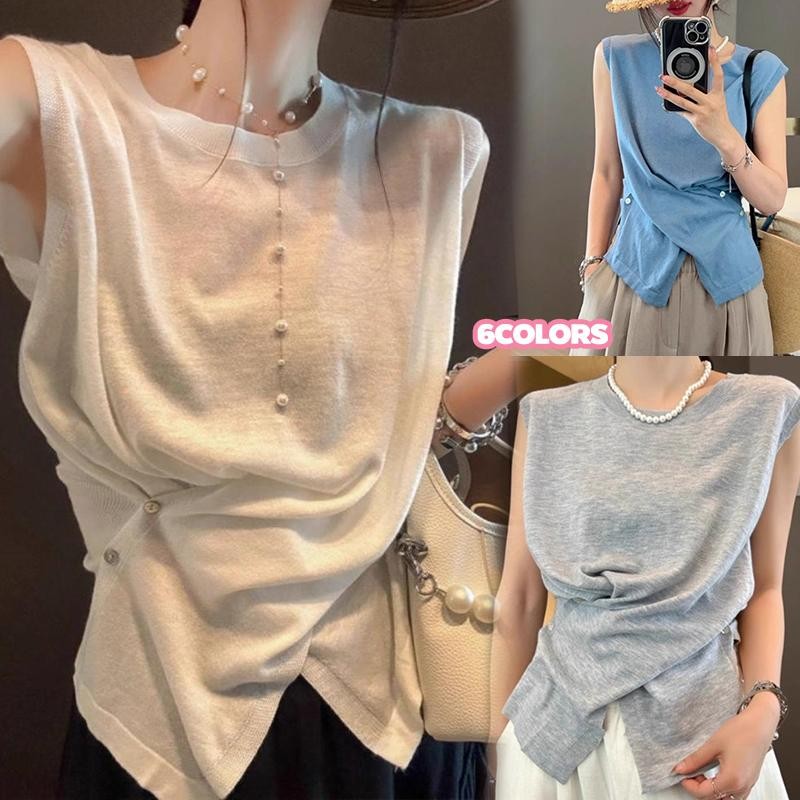 Mimi&Didi#เสื้อยืดไหมน้ำแข็งถักแขนกุดสำหรับผู้หญิงในฤดูร้อน เสื้อกั๊กสั้นทรงบางสไตล์ไม่สม่ำเสมอ ...