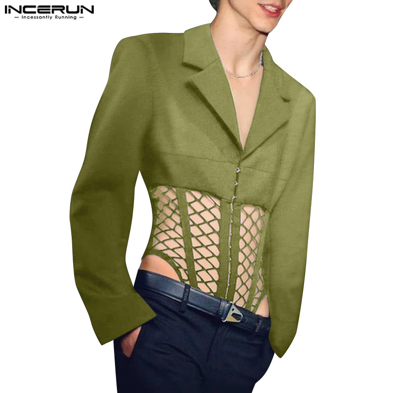 Incerun Men Vintage Party Prom Lapel Hollow Out Mesh Stitching Belted ...