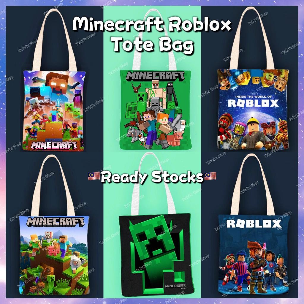Tote Bags Zip Minecraft Roblox boy budak Canvas Shoulder beg kids ...