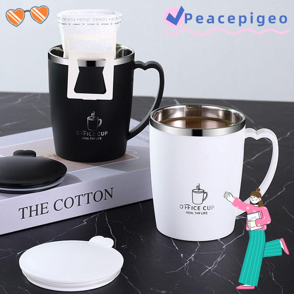 แก้วกาแฟ PEACEPIGEO พร้อมที่จับและถ้วยฉนวนป้องกันการรั่ว, ขวดน้ําสแตนเลสขนาด 350 มล. ผนังคู่ ...