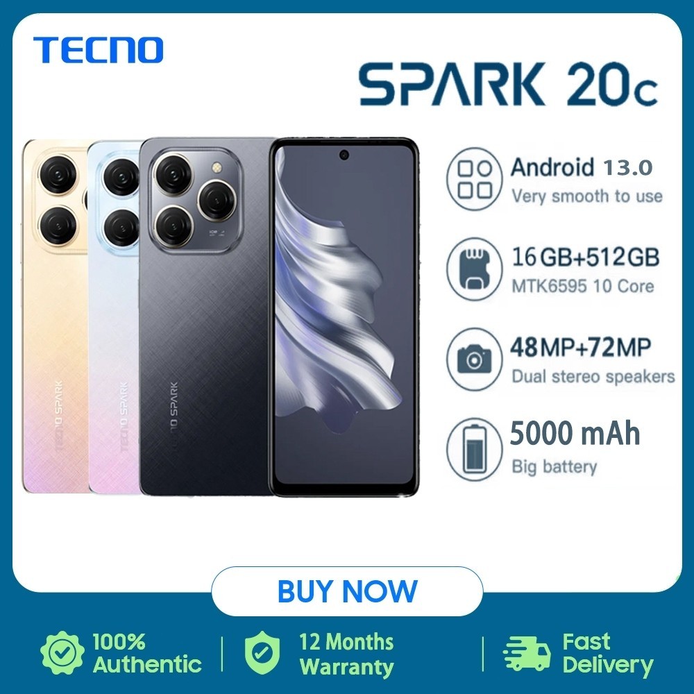 TECNO SPARK 20c ( 16GB RAM + 128GB ROM | 4GB RAM + 128GB ROM ) - Octa-Core - 16MP Clear Rear ...