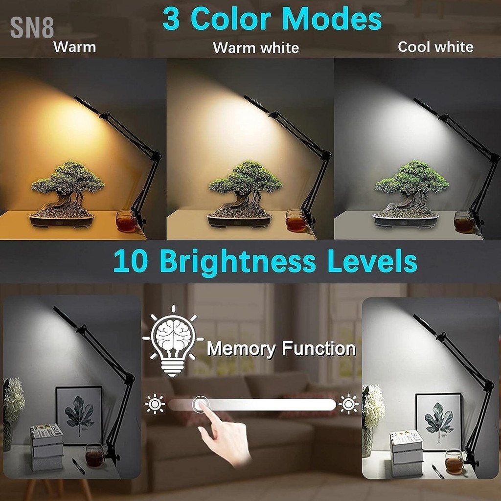 SN8 10X แว่นขยายพร้อมไฟขยายโคมไฟตั้งโต๊ะ CLAMP 3 โหมดสี Stepless ...