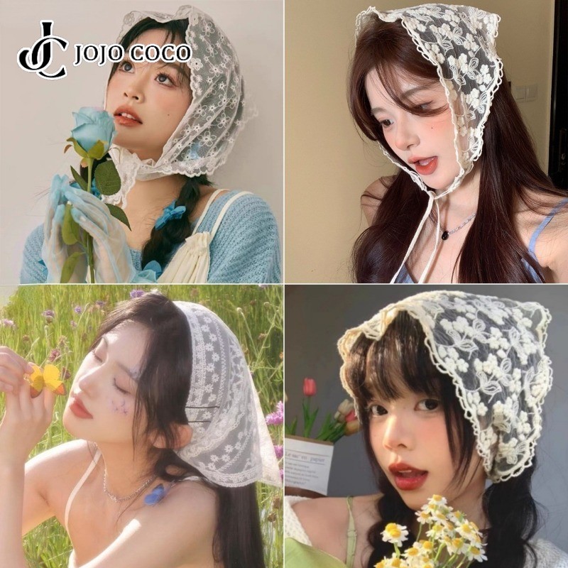 Jojo COCO Ins ลูกไม้ภาษาฝรั่งเศสคําสามเหลี่ยม Headscarf สําหรับผู้หญิงสไตล์เกาหลีถัก Hollow ...