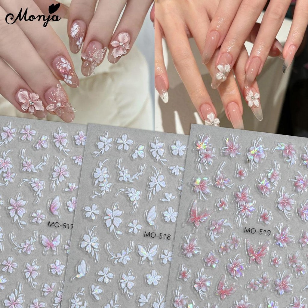 Monja 5D นูนเล็บสติกเกอร์นูนดอกไม้ Blossoms เล็บเคล็ดลับ Decals บรรเทา ...