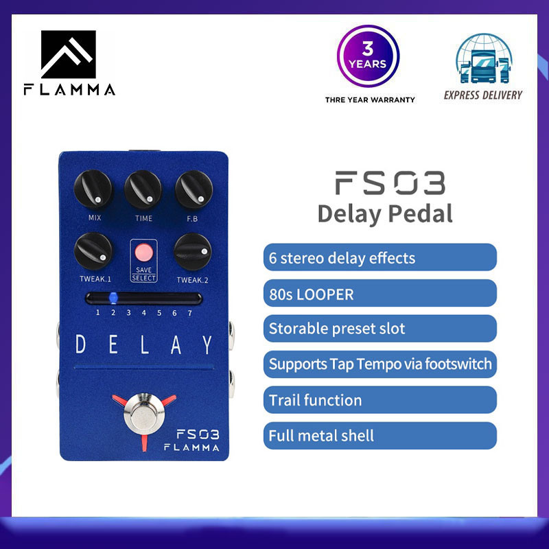 (ในสต็อก) Flamma FS03 สเตอริโอดิจิตอล Delay กีตาร์สเตอริโอ Delay Pedal 6 เอฟเฟกต์ดีเลย์พร้อม 80 ...