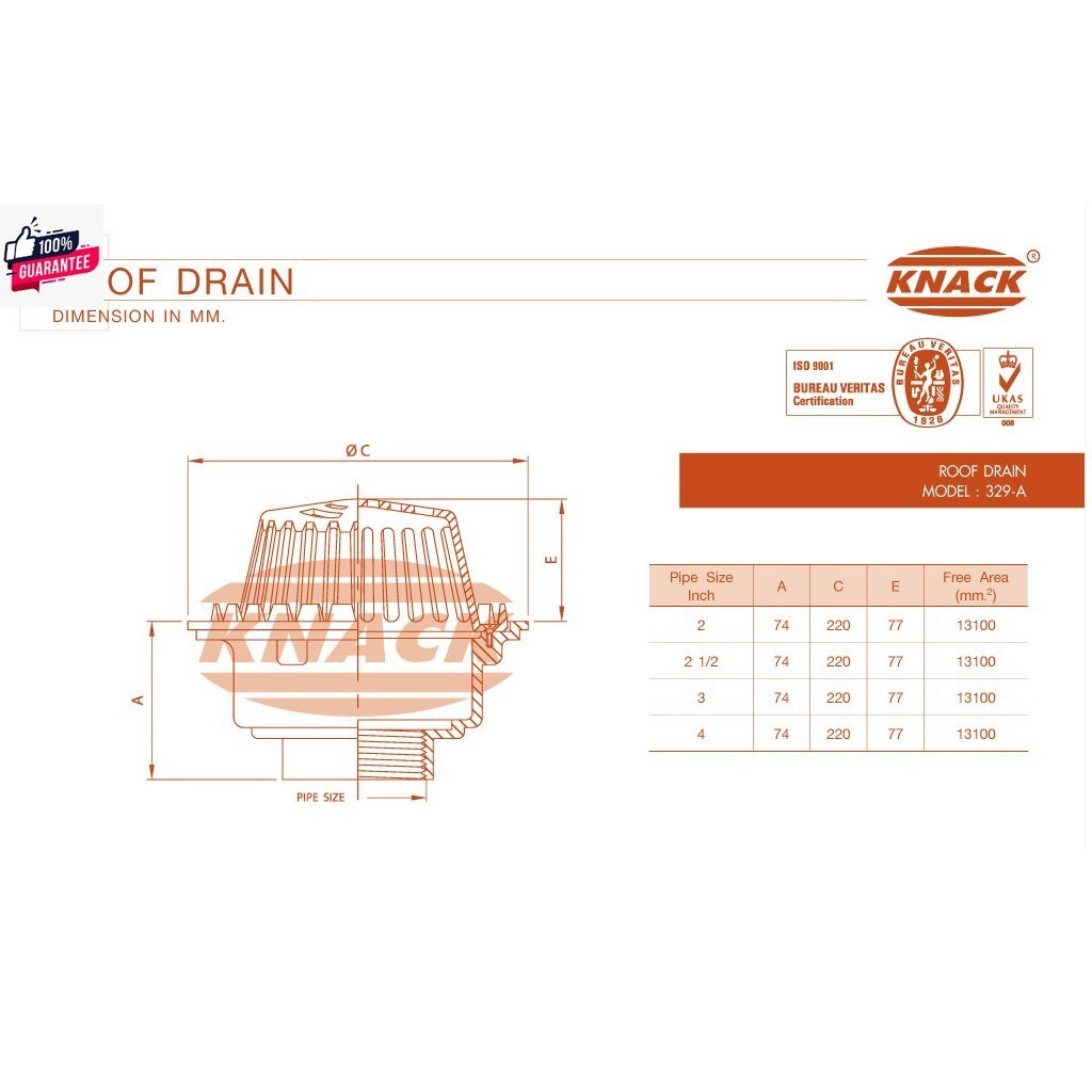 KNACK Roof Drain 329-A รูฟเดรน เหล็กหล่อ 2" / 2.5" / 3" / 4" ชุดระายน้ำ ...