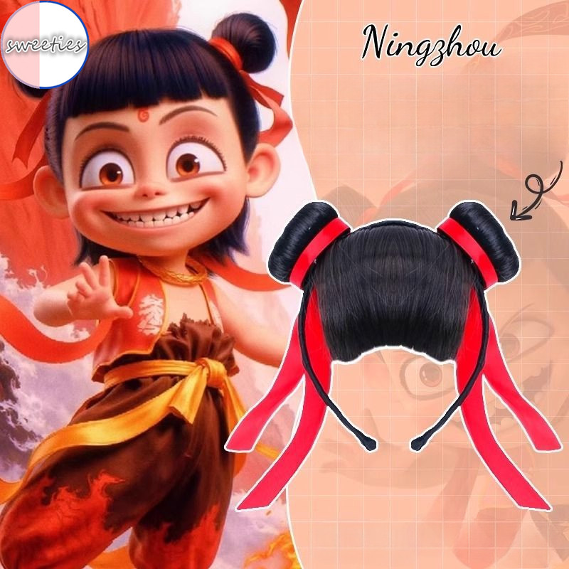 เด็กน่ารัก Nezha Bun วิกผมแถบคาดศีรษะ Nezha ทรงผมเดียวกันคอสเพลย์ Props ...