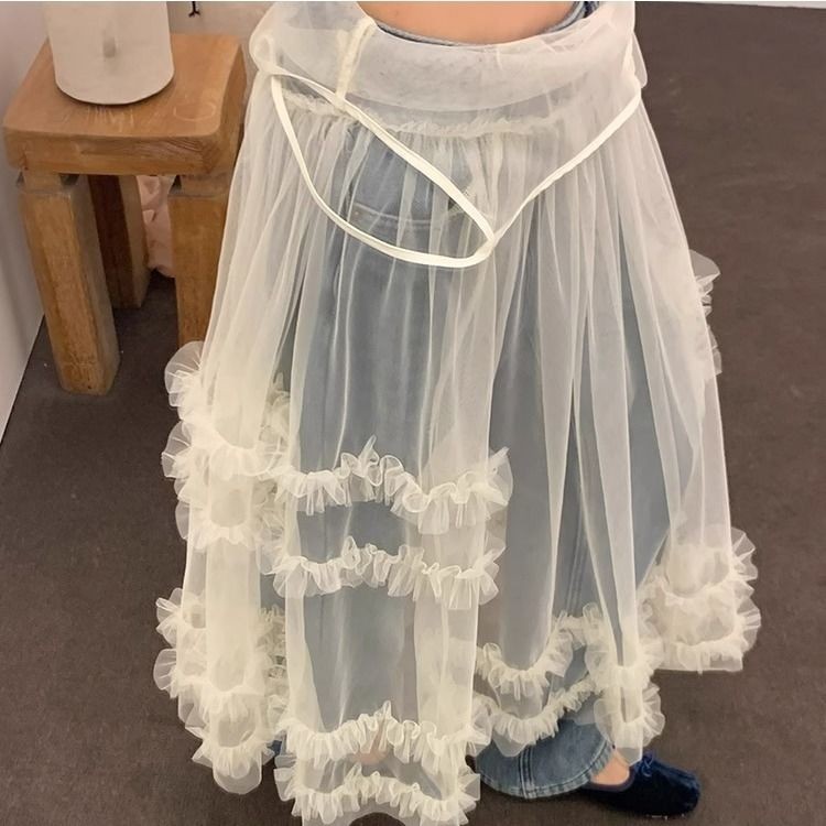[LININ] Mesh See-Through Layered Suspender Skirt Blouse Dress All-Match Lace Layered Fluffy Cake ...
