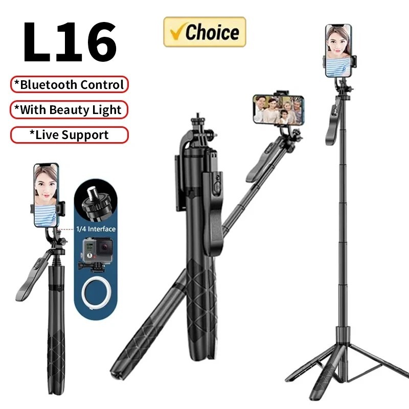 ใหม่ L16 ขาตั้งกล้องไม้เซลฟี่ไร้สาย 1.55m Wireless Selfie Stick พับได้มาพร้อมรีโมทบลูทูธ พิเศษ ...