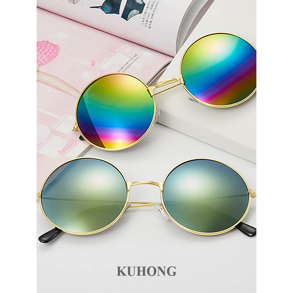 Kuhong แว่นกันแดดใหม่เทรนด์แว่นกันแดดกรอบกลมแว่นกันแดดสะท้อนแสงสีสัน ...
