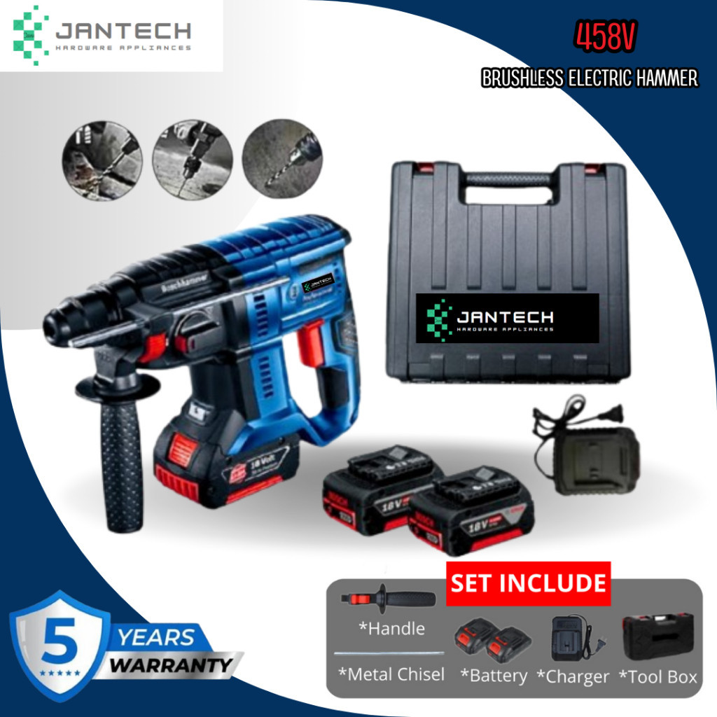 JANTECH 458V ฟรีแบต 2 ก้อน สว่านไฟฟ้าไร้สาย สว่านกระแทก สำหรับการรื้อถอน เจาะไม้ เหล็ก คอนกรีต ...