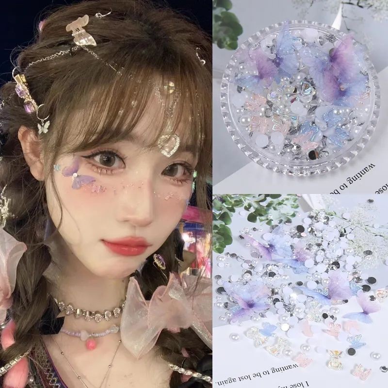 网红同款哈尼妆干花蝴蝶泪钻脸部装饰雪花珍珠少女舞台自拍写真Netizen Hani Makeup with Same Style, Dry ...