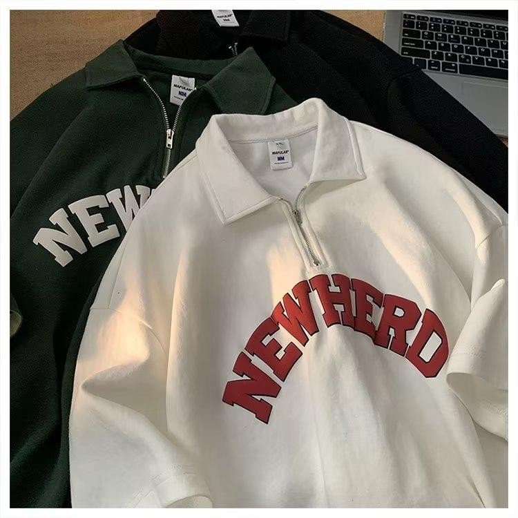 MIMI&DIDI.เสื้อยืดแขนสั้นคอโปโลซิปครึ่งตัว เสื้อโอเวอร์ไซส์ แฟชั่น สไตล์เกาหลี สามารถสวมใส่ได้ ...