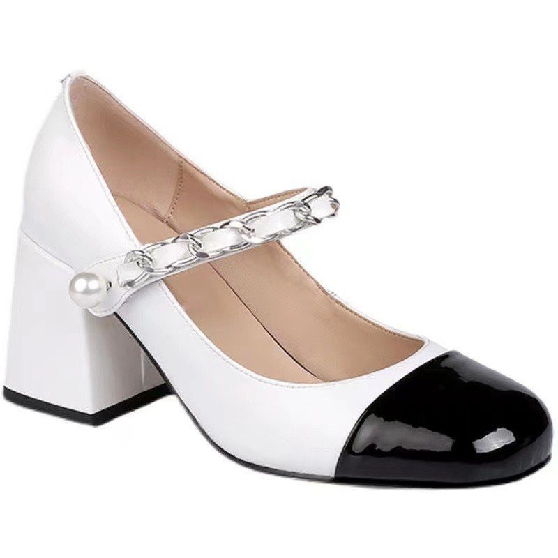 Pearl Mary Jane Shoes Women's Mid Heel Black and White French Style ...