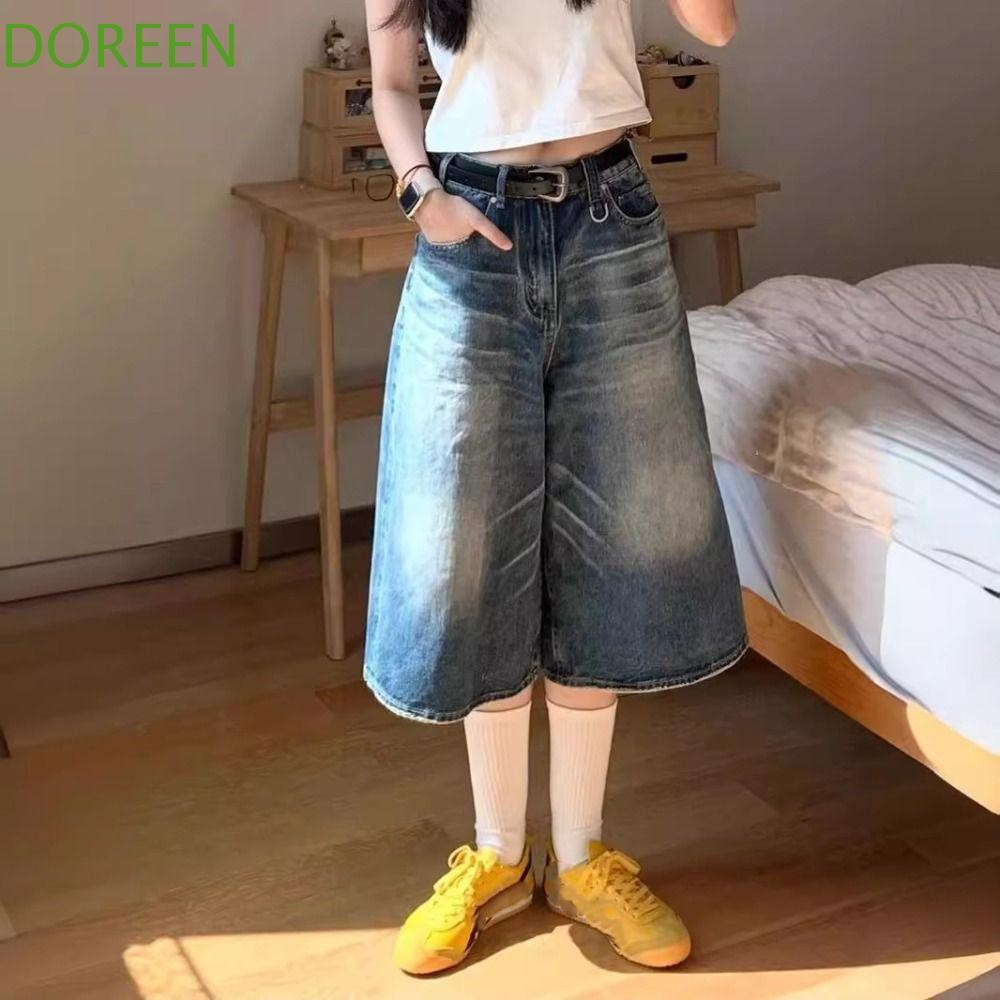 Doreen Retro Denim Shorts, Streetwear ขากว้าง Y2k กางเกงยีนส์ผู้หญิง ...