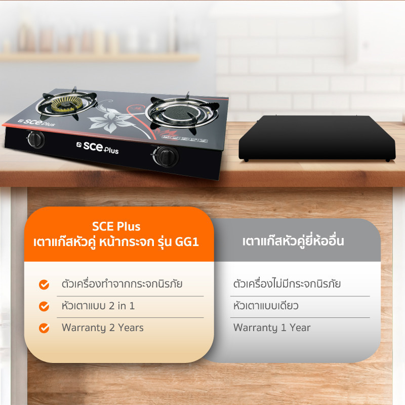 สุกไว SCE Plus เตาแก๊สหัวคู่ หน้ากระจก รุ่น GG1 - รับประกัน 2 ปี | Shopee Thailand