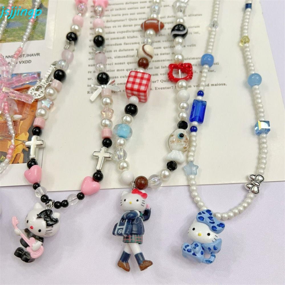 Jsjjingp โซ่กระดูกไหปลาร้าแมวคิตตี้, เครื่องประดับหวานสร้อยคอลูกปัดสีคิตตี้, จี้สีสันสดใสอิน ...