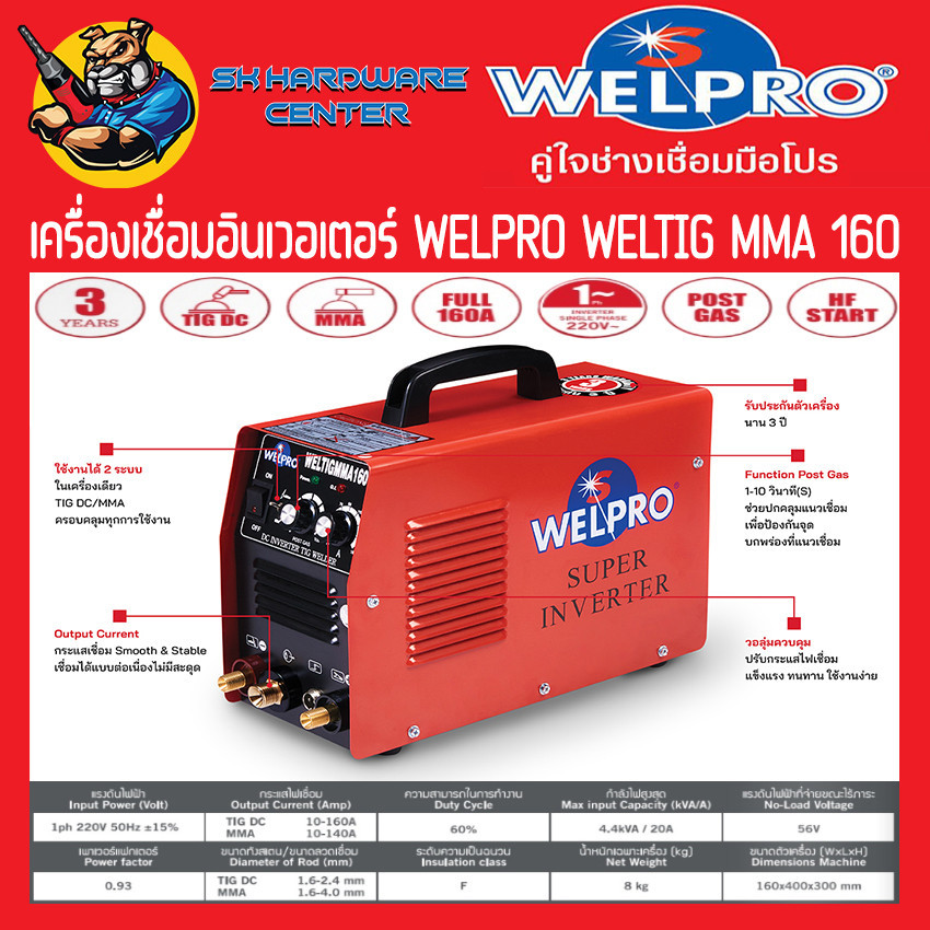 ตู้เชื่อมอินเวอเตอร์ 2ระบบ TIG/MMA กระแสไฟเชื่อม 160A WELPRO รุ่น ...